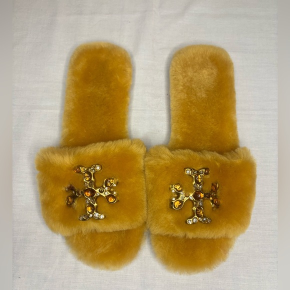 Tory Burch | Shoes | Tory Burch Gold Fuzzy Slippers | Poshmark